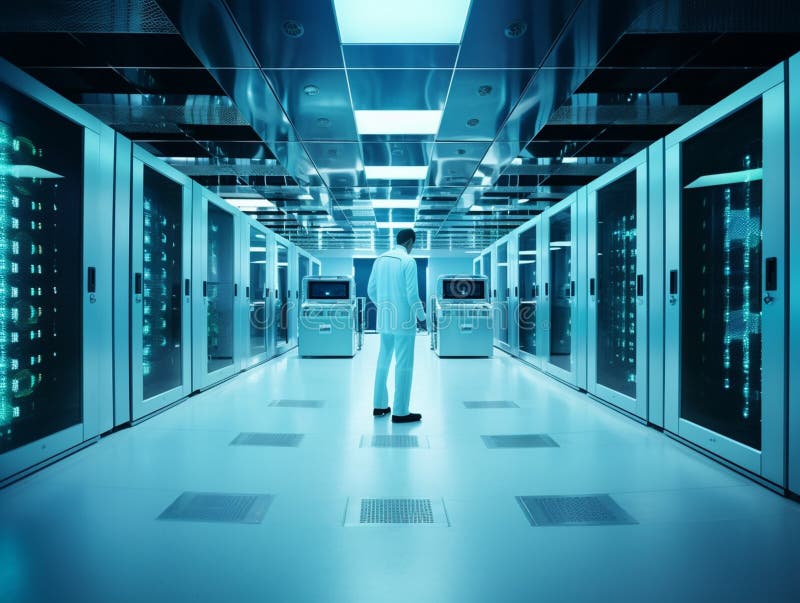 It Specialist in Data Center. Big Server Farm Cloud Computing Facility ...