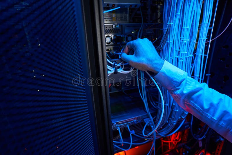 Person Inserting Twisted Pair with Connector To Server Rack Port Stock ...