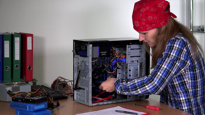 Programmer Woman Check Computer in Office Cabinet. 4k Stock Footage ...