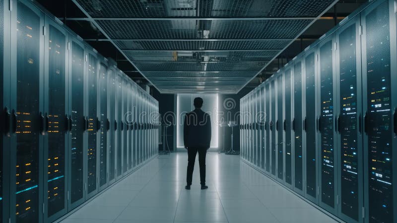 It Specialist is Standing in Data Center Next To Server Racks. Running ...