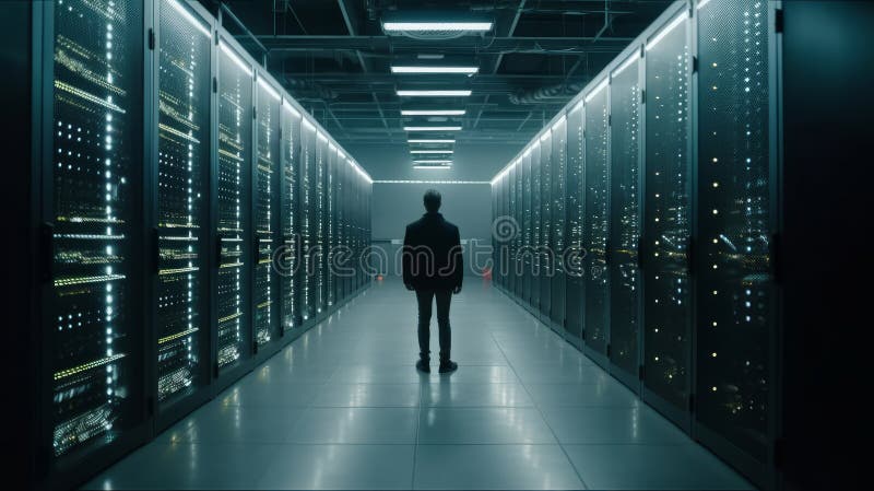 It Specialist is Standing in Data Center Next To Server Racks. Running ...