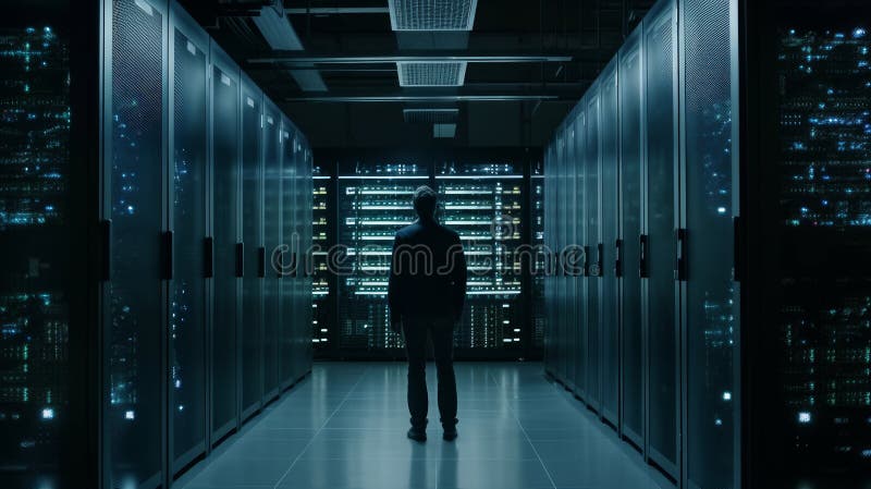 It Specialist is Standing in Data Center Next To Server Racks. Running ...