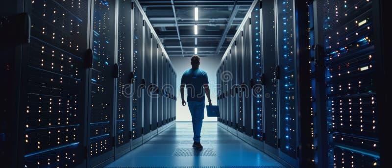 It Specialist Walks Along Row of Operational Server Racks Using Laptop for Maintenance. Concept ...