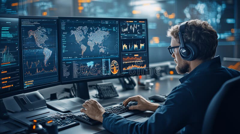 It Specialist Working on Computer with Multiple Screens Showing Global Map and Data Analysis in ...