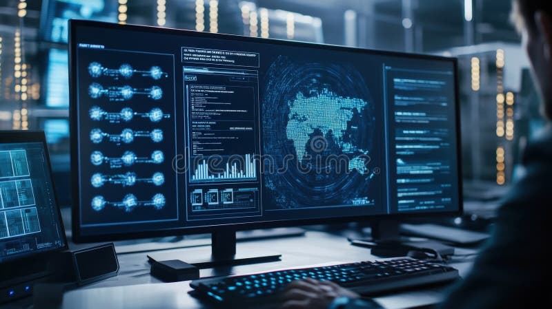 It Specialist Working on Cyber Security Using Global Map on Computer ...