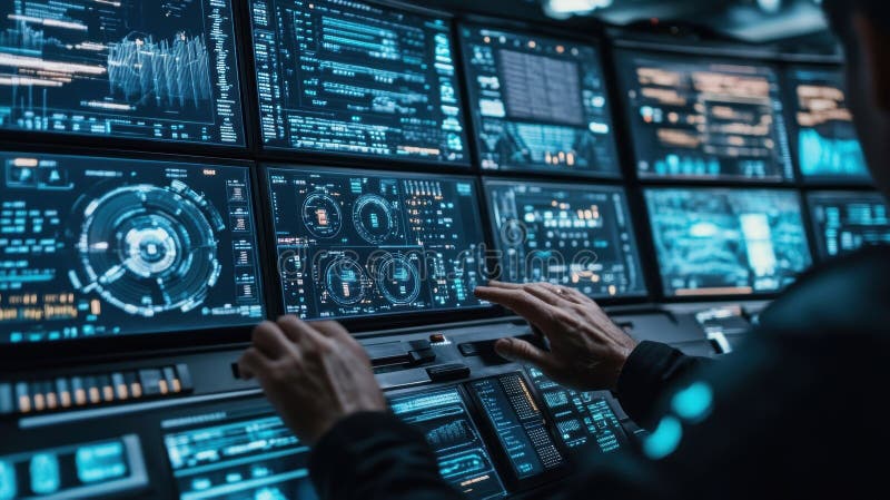 It Specialist Working on Multiple Computer Screens Showing Futuristic ...