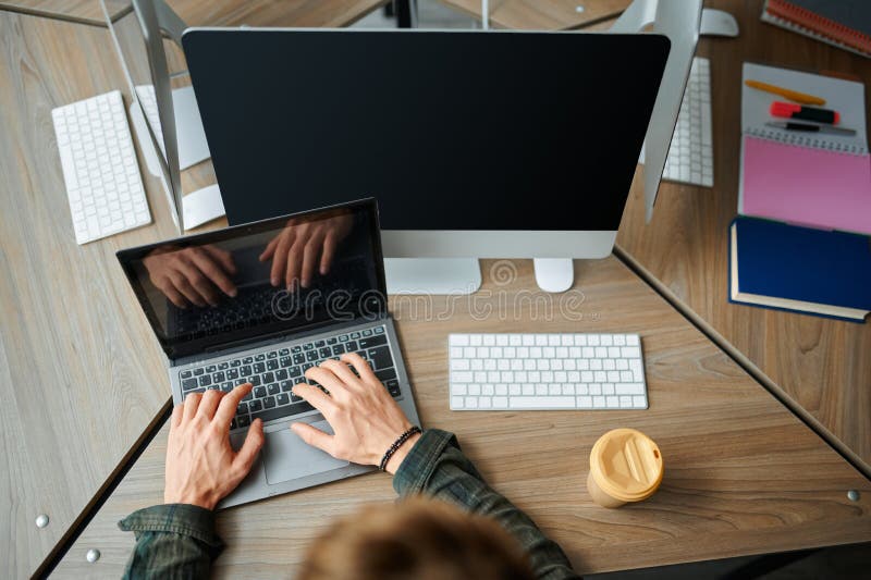 It Specialist Works on Laptop in Office, Top View Stock Image - Image ...