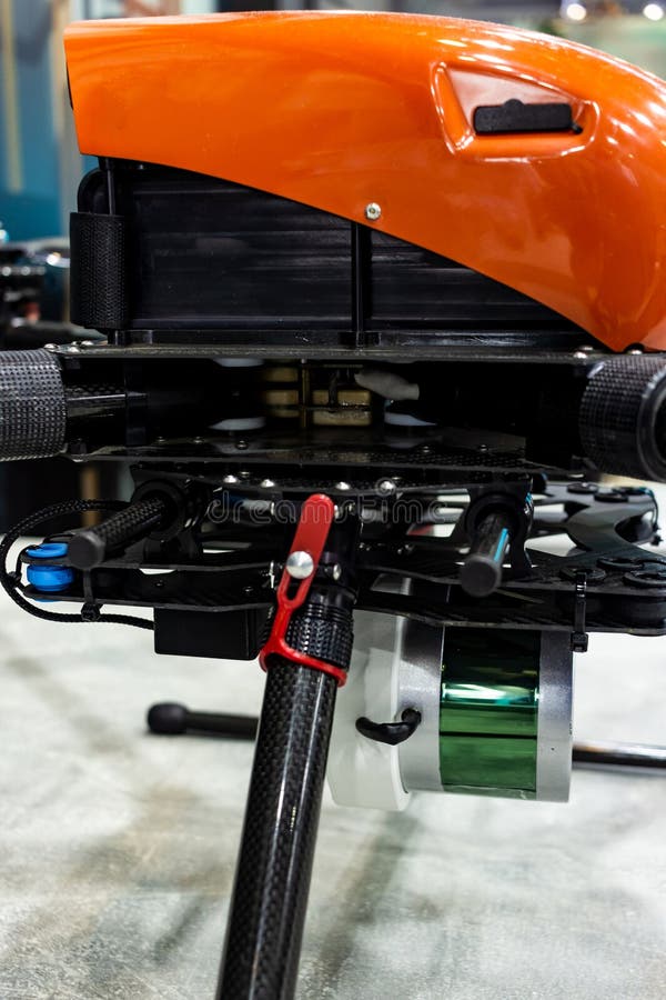 Specialized Industrial Drone with Red Body with Suspension Close-up ...