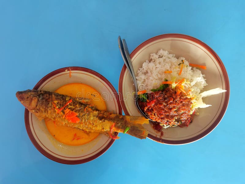 Specialty Foods on the Island of Java Pecel Rice and Fish Mangut Stock ...