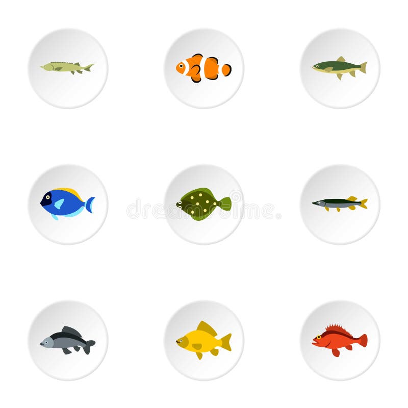 Species of Fish Icons Set, Flat Style Stock Vector - Illustration of ...