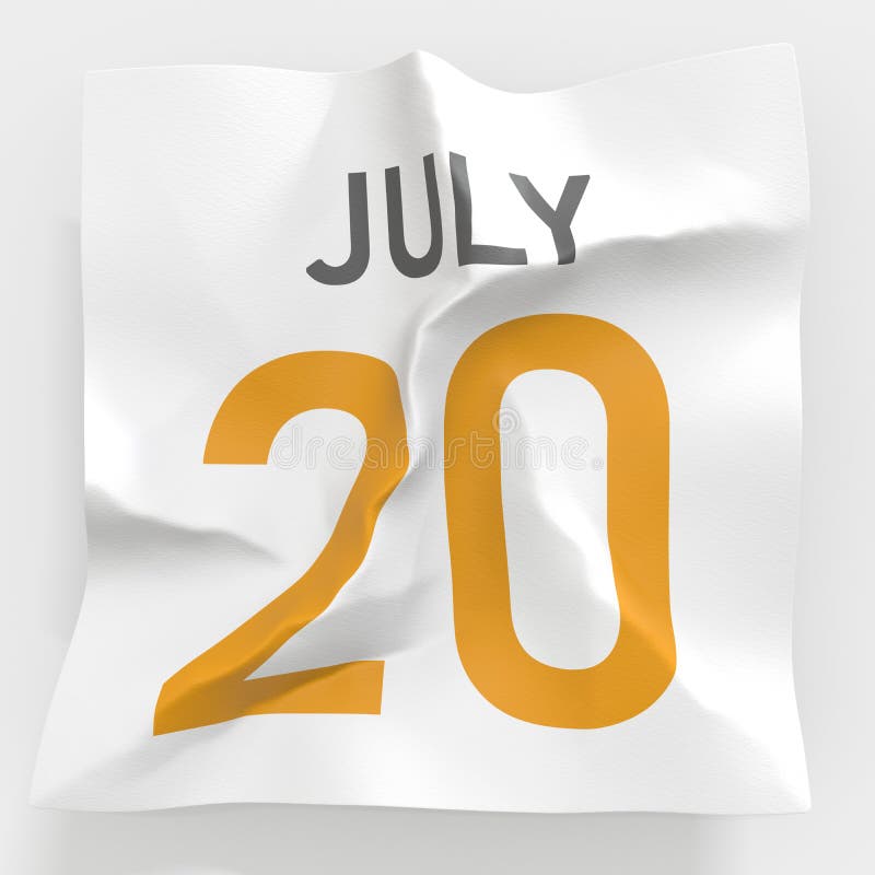 July 20 Date on Crumpled Paper Page of a Calendar, 3d Rendering Stock ...