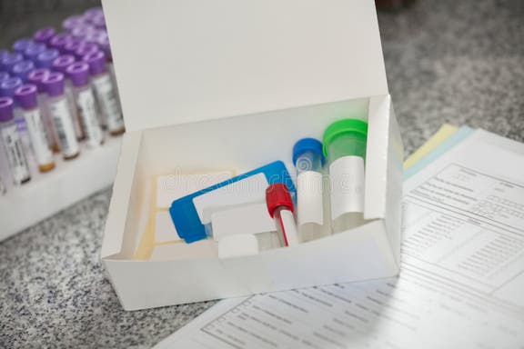 Specimen Bottles and Documents in Lab Stock Image - Image of record ...