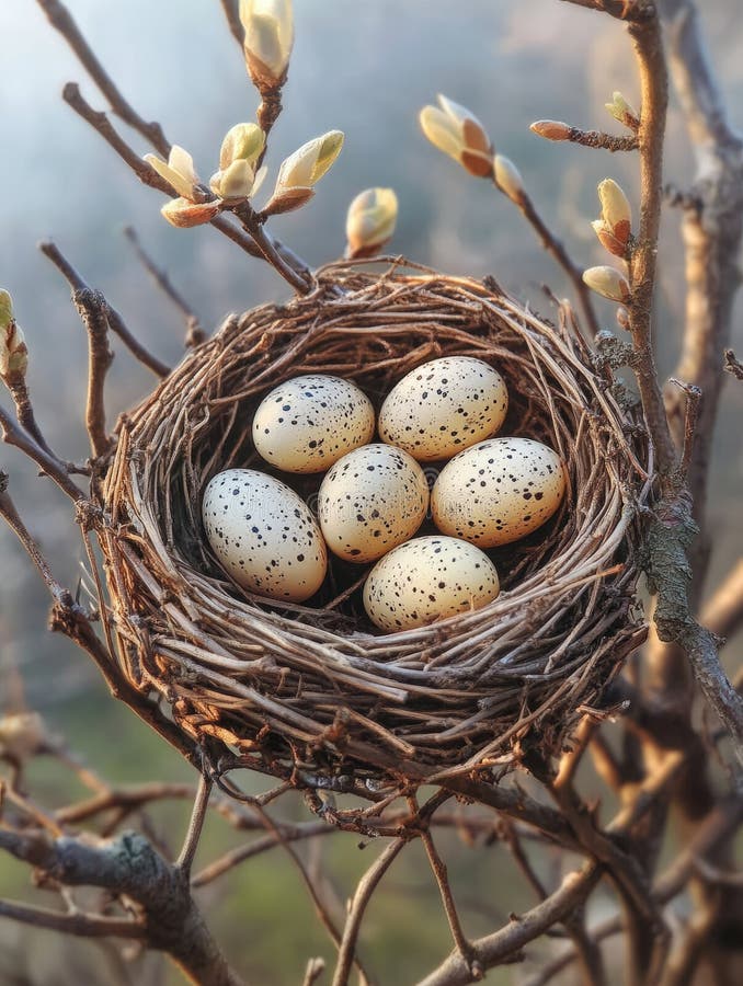 Speckled Bird Eggs in a Nest on Budding Tree Branches. Stock Image ...