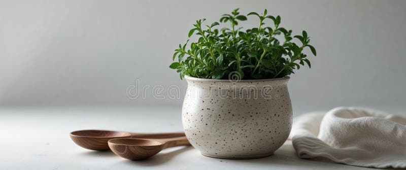 Speckled Ceramic Herb Pot with Wooden Spoons. Stock Photo - Image of ...