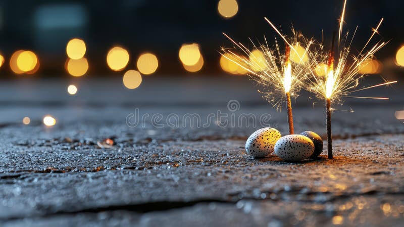 Speckled Easter Eggs and Glowing Sparklers on Dark Textured Surface ...