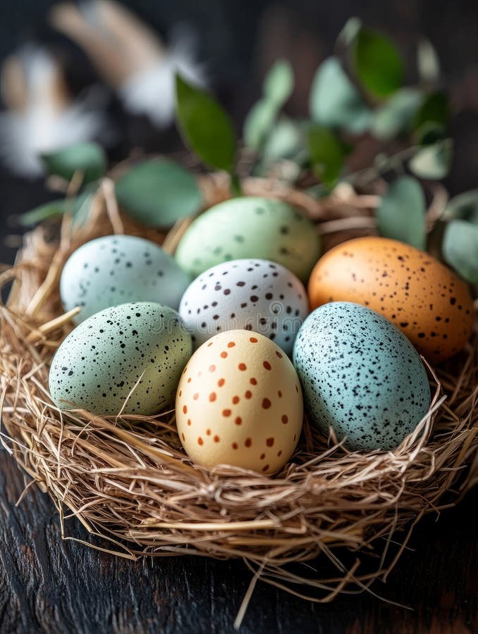 Speckled Easter Eggs in a Nest with Green Leaves for Decoration. Stock ...