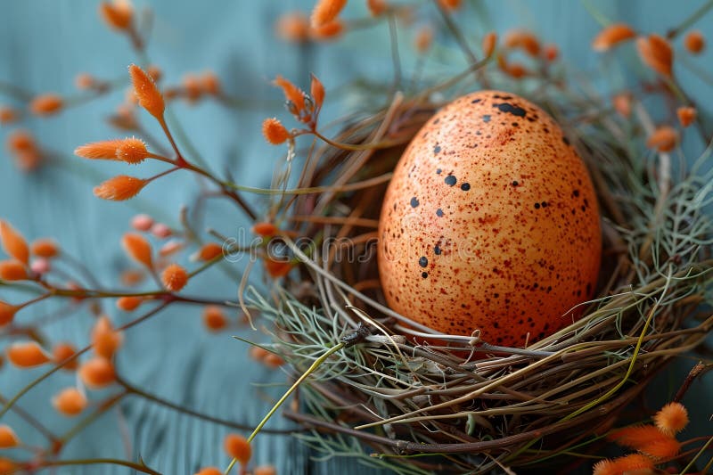 Speckled Egg in a Nest with Orange Florals on Teal Background for ...