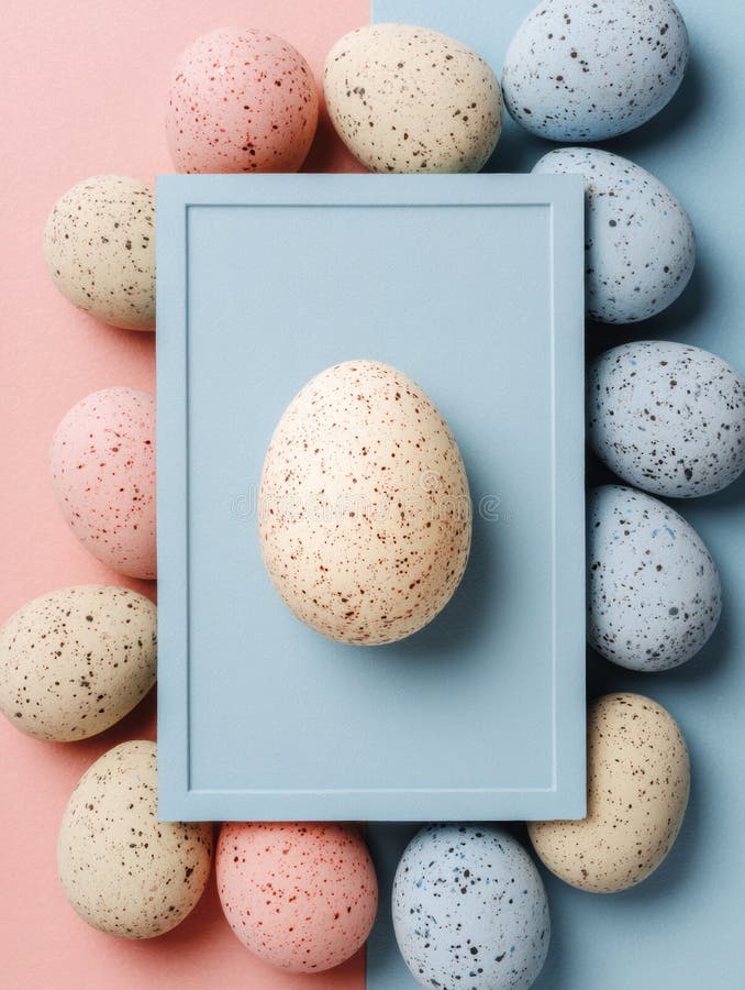Speckled Eggs Arranged Around a Pastel Flat Frame Showcasing a Single ...