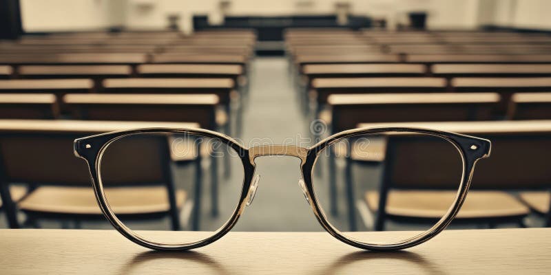Spectacles on Wooden Desk Empty Classroom Background Education Rows ...