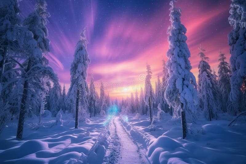 Spectacular Aurora Borealis Northern Lights Above A Track Through The