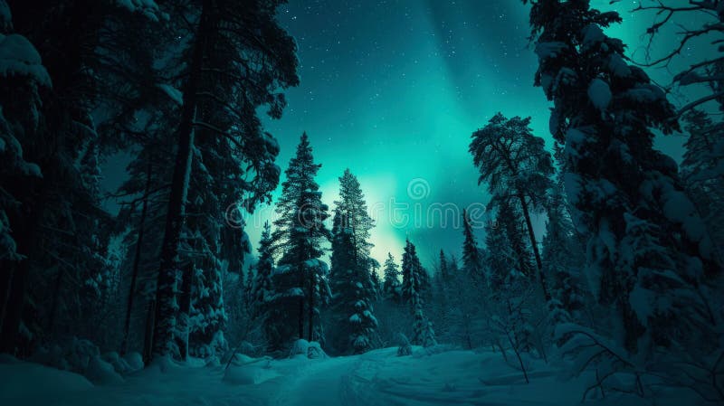 Spectacular Aurora Borealis Northern Lights In The Snowy Forest