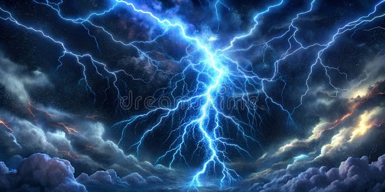 Spectacular Blue Lightning Strike in Dark Clouds Stock Illustration ...
