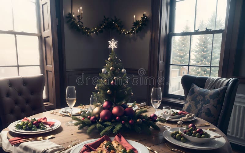 A Spectacular Christmas Dinner Table Setting Stock Illustration ...