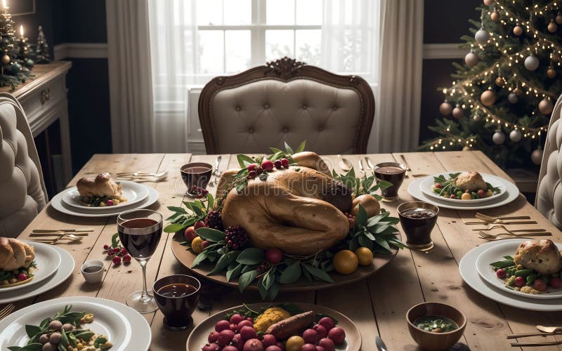 A Spectacular Christmas Dinner Table Setting Stock Illustration ...