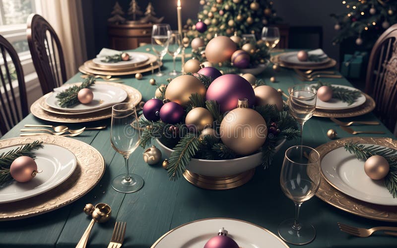 A Spectacular Christmas Dinner Table Setting Stock Illustration ...