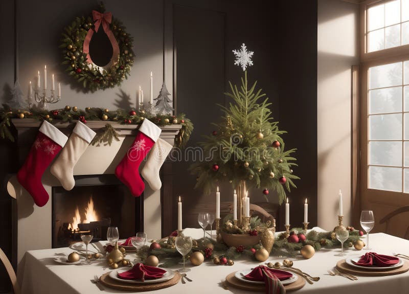 A Spectacular Christmas Dinner Table Setting Stock Illustration ...