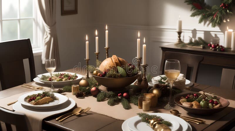 A Spectacular Christmas Dinner Table Setting Stock Illustration ...