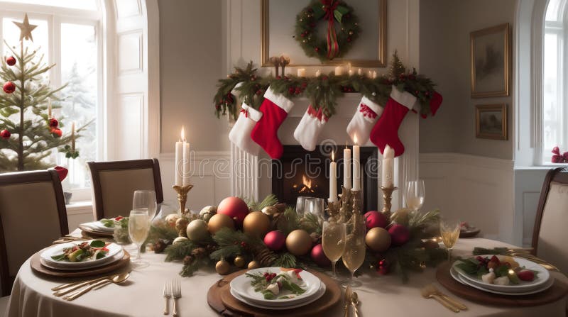 A Spectacular Christmas Dinner Table Setting Stock Illustration ...