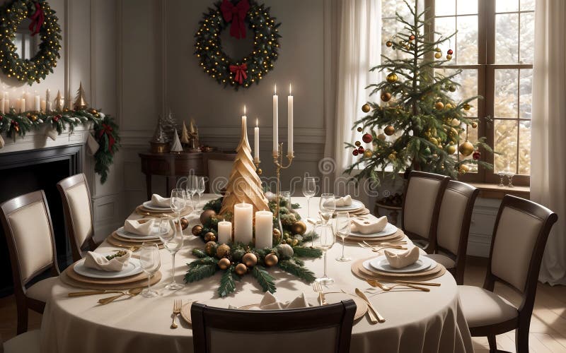 A Spectacular Christmas Dinner Table Setting Stock Illustration ...