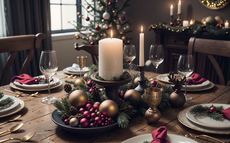 A Spectacular Christmas Dinner Table Setting Stock Illustration ...