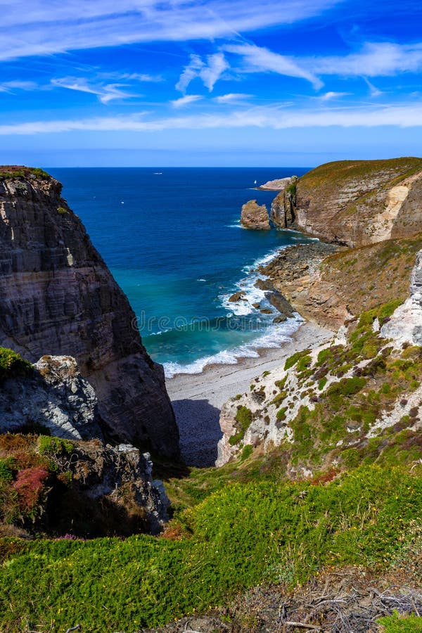 Spectacular Cliffs and Sandy Beach at Atlantic Coast of Cap Frehel in ...