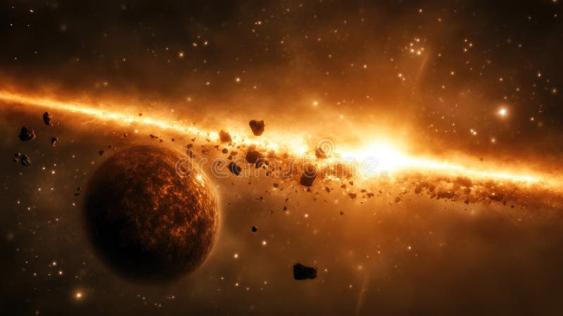 Spectacular Cosmic Scene with Planet and Asteroid Belt in Glowing ...