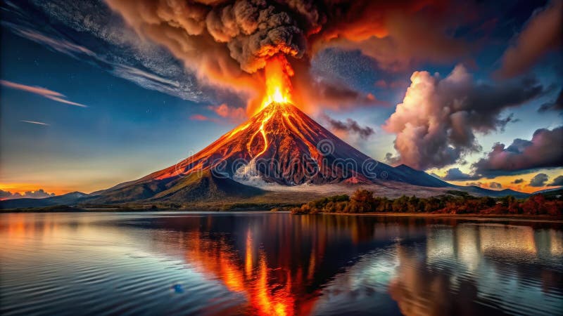 Spectacular Eruption of a Volcano Reflected in a Calm Lake at Sunset ...
