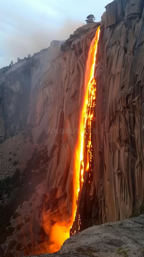 Spectacular Firefalls Cascading Down Granite Cliffs Stock Illustration ...