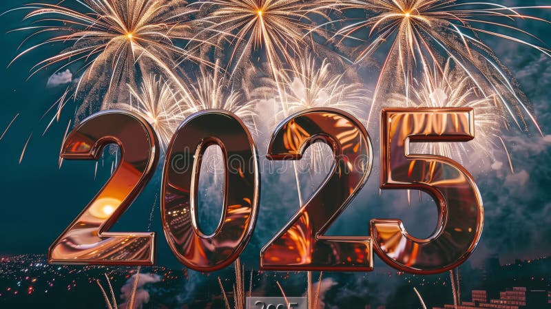 Spectacular 2025 Fireworks Celebration Over Cityscape at Night Stock ...