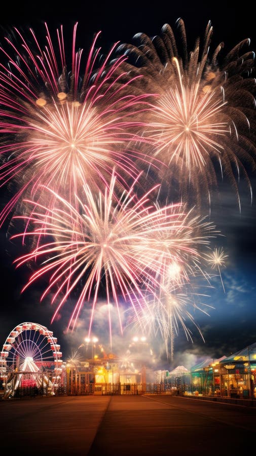 Spectacular Fireworks Display Against a Carnival Backdrop. Stock Photo ...
