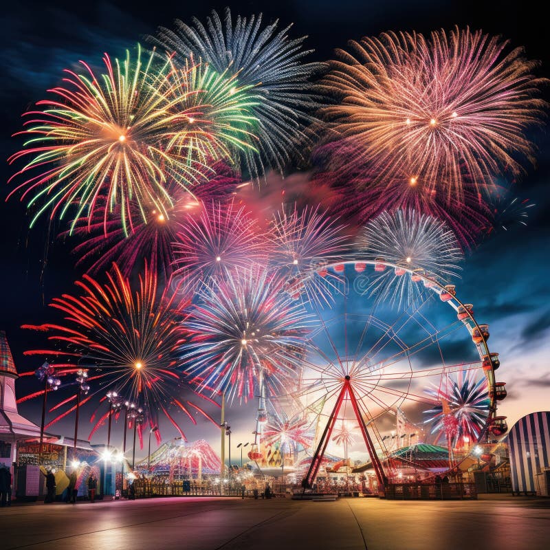 Spectacular Fireworks Display Against a Carnival Backdrop. Stock Photo ...
