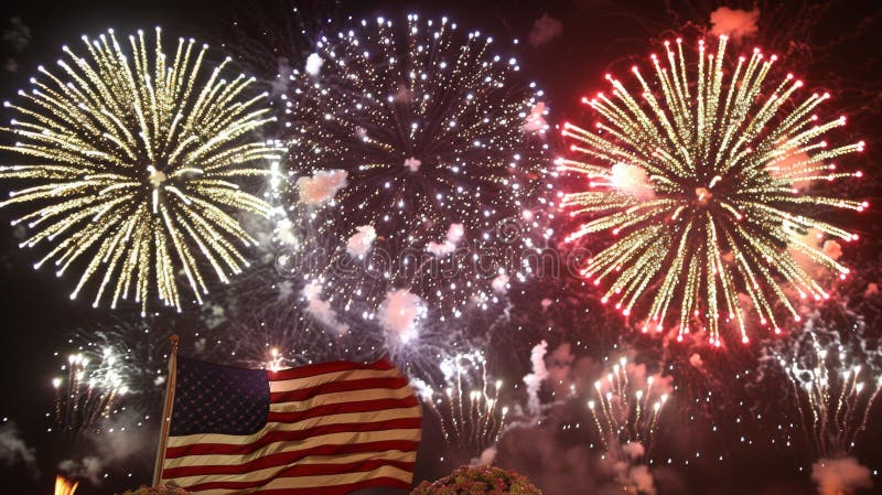 Spectacular Fireworks Display Illuminates Sky Above American Flag Stock ...