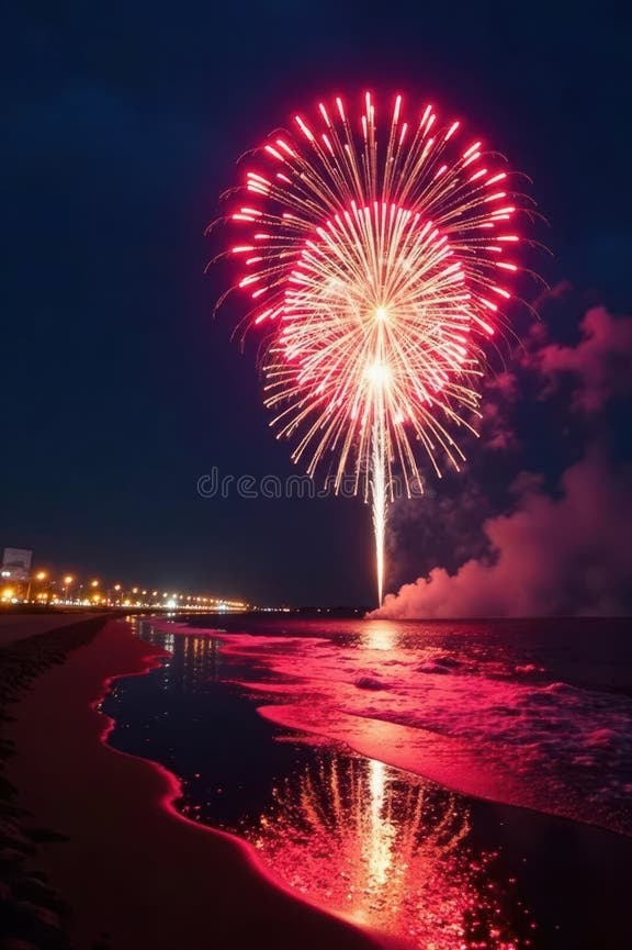 Spectacular Fireworks Display Illuminating Blackpool Beach , Ocean ...