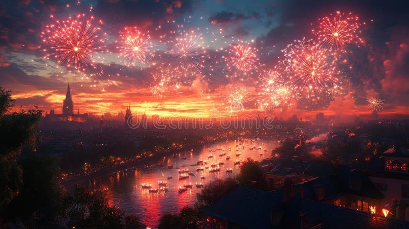 Spectacular Fireworks Display Over a City River at Sunset Stock ...