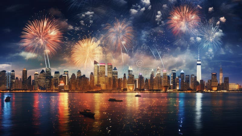 Spectacular Fireworks Display Over City Skyline at Dusk. Generative AI ...