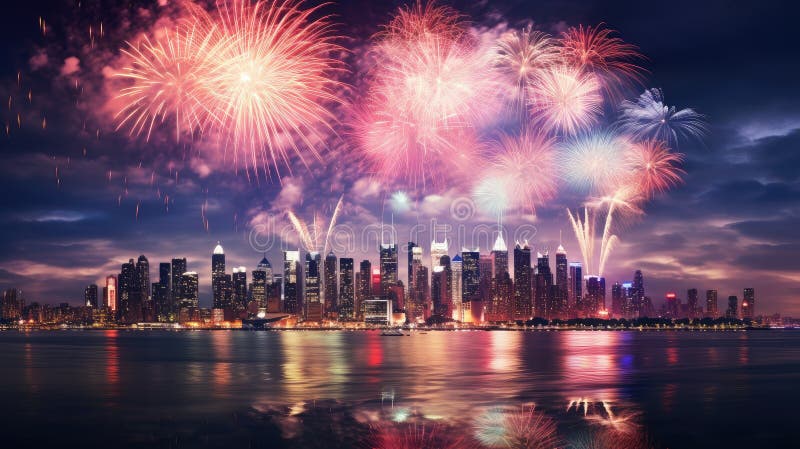 Spectacular Fireworks Display Over City Skyline at Dusk. Generative AI ...
