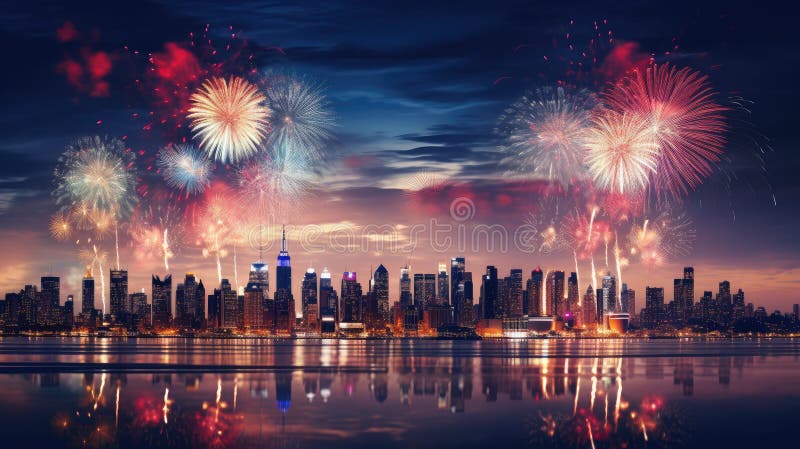 Spectacular Fireworks Display Over City Skyline at Dusk. Generative AI ...