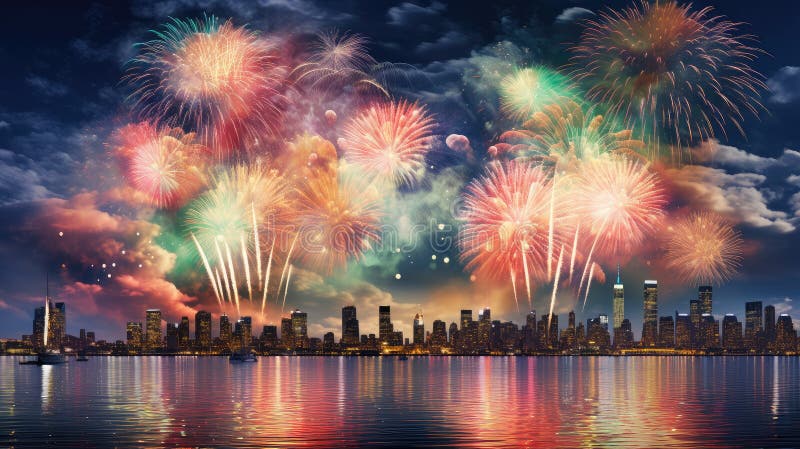 Spectacular Fireworks Display Over City Skyline at Dusk. Generative AI ...
