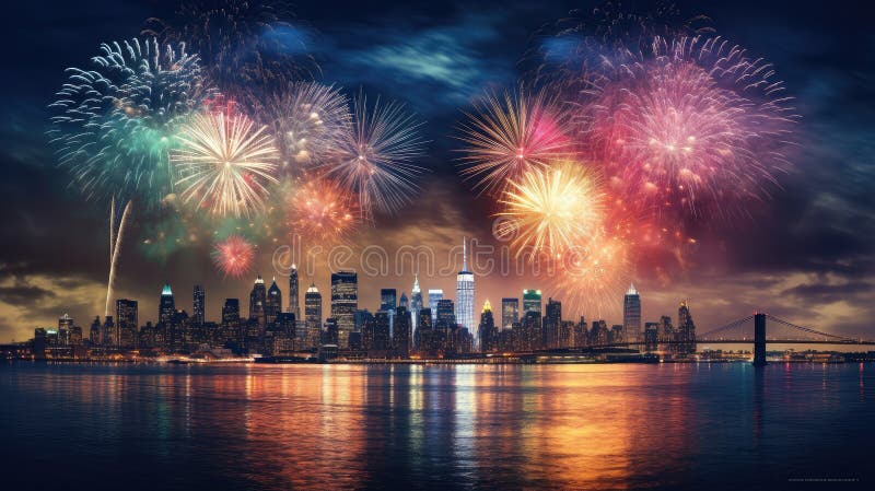 Spectacular Fireworks Display Over City Skyline at Dusk. Generative AI ...