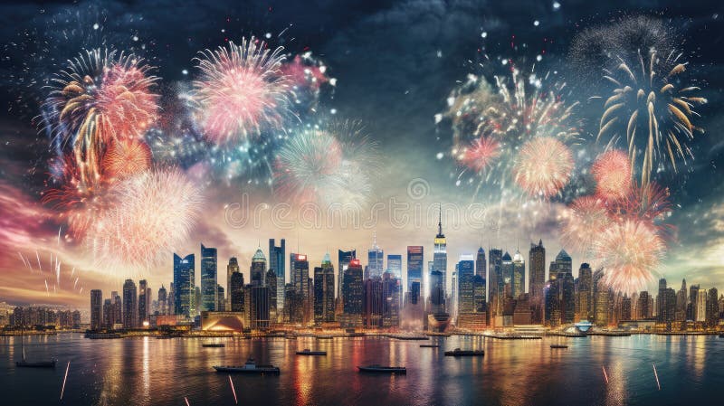 Spectacular Fireworks Display Over City Skyline at Dusk. Generative AI ...